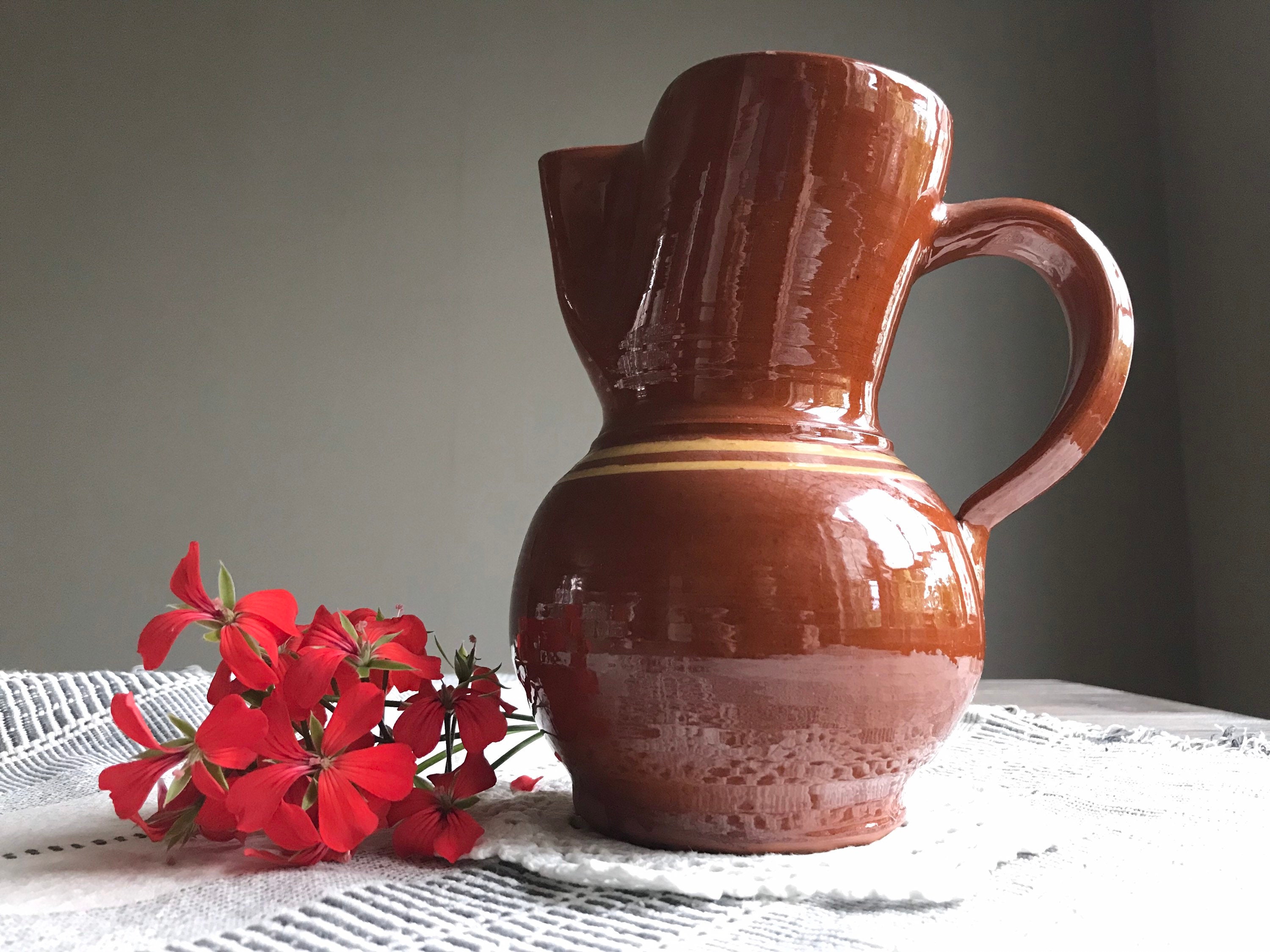Vintage Terracotta Pot With Handle, Glazed Clay Pot, Earthenware Jug ...