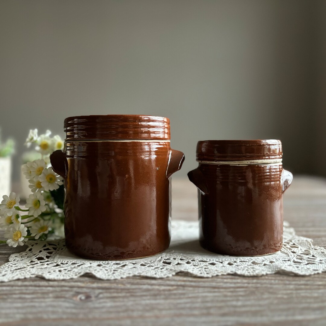 French Vintage Glazed Clay Pots, Set of 2, Confit Pot, Foie Gras Pot ...