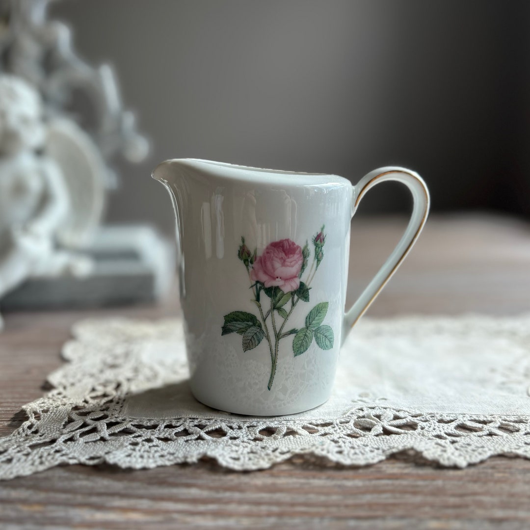 Vintage Creamer, White Small Cream Pot With Flower Stencilware ...