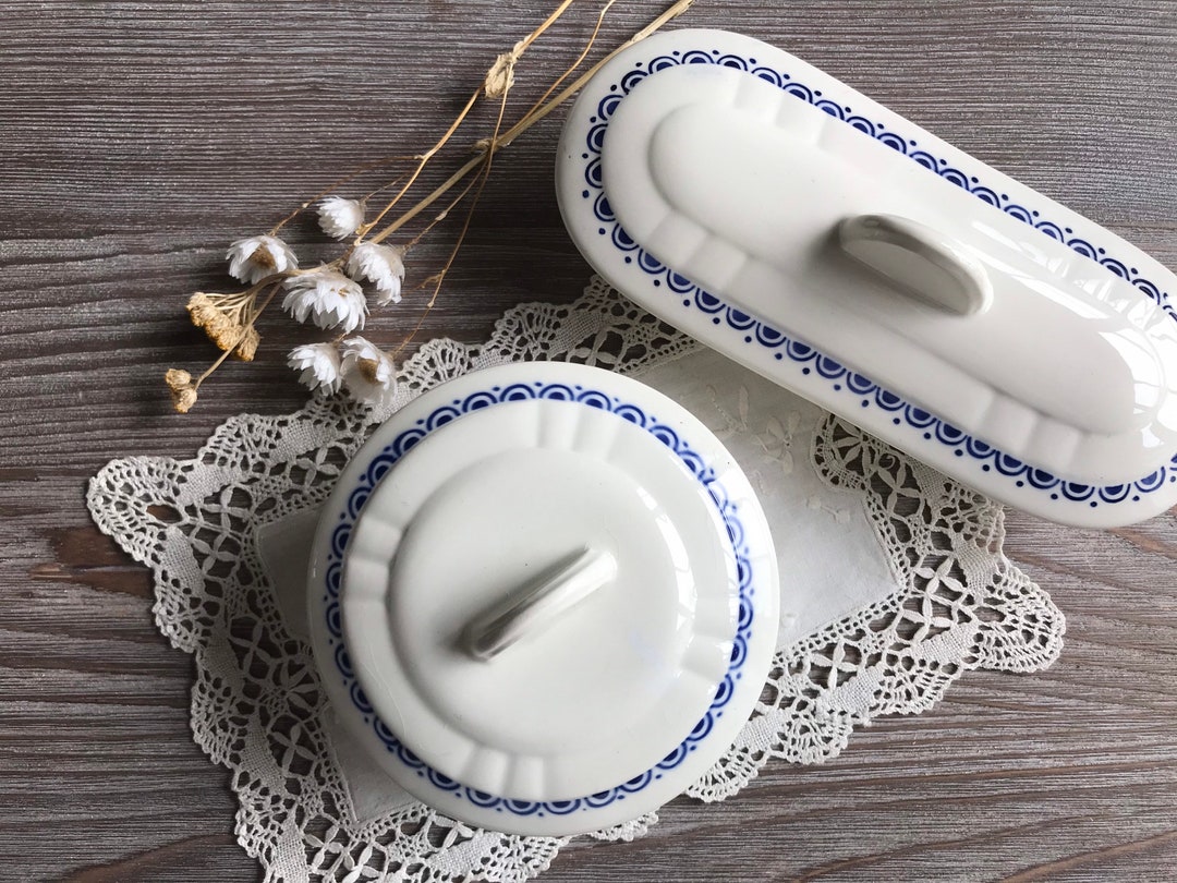Vintage Ironstone Soap Dish and Toothbrush Dish With Lids, White Blue ...