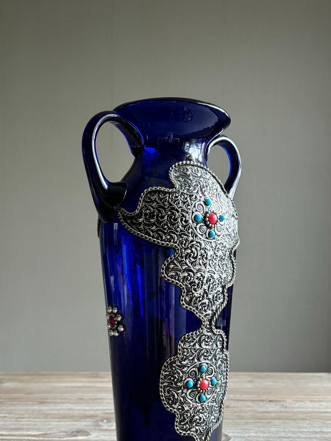 Hand Blown Cobalt Blue Glass Vase With Two Handles, Vintage Handmade ...