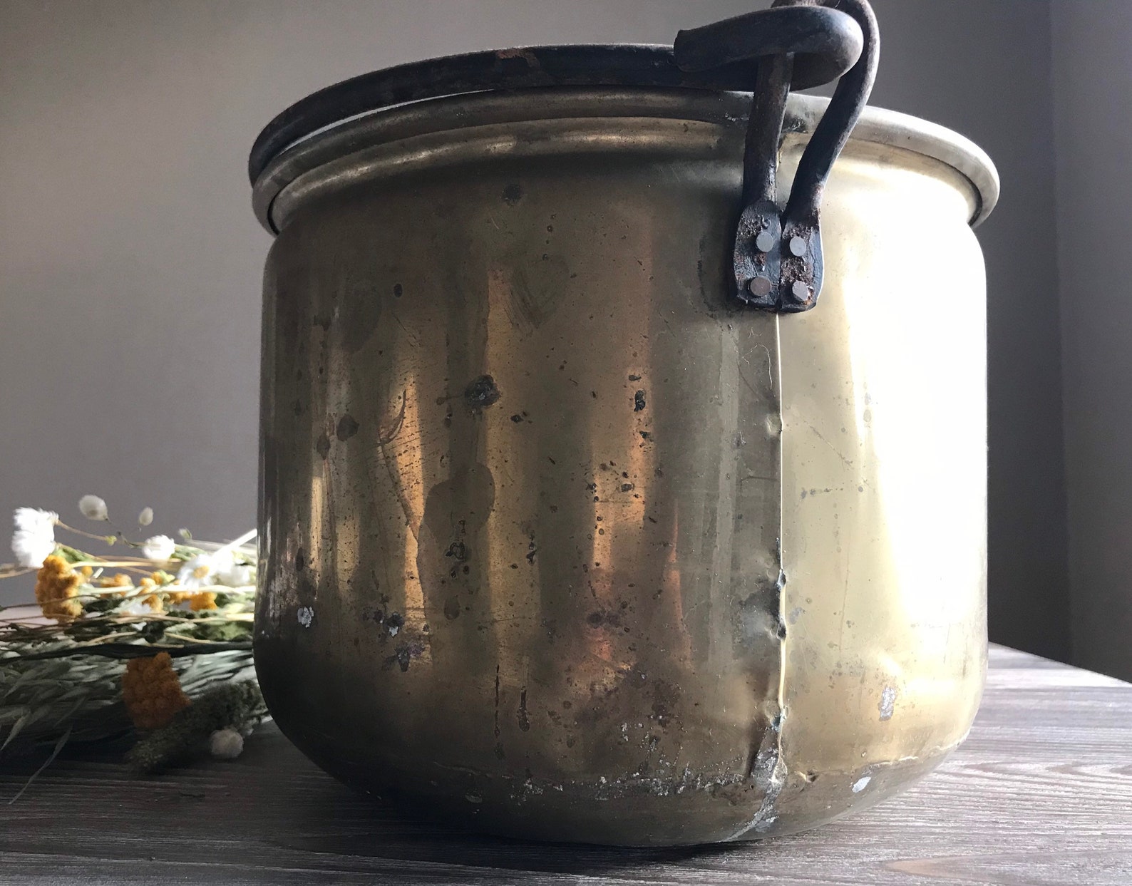 Antique Brass Cauldron Fireplace Pot With Iron Handle Large | Etsy