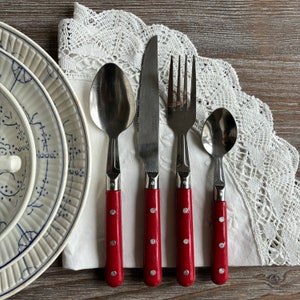 French Vintage Cutlery With Red Handles, Vintage Set Knife Spoon Fork ...