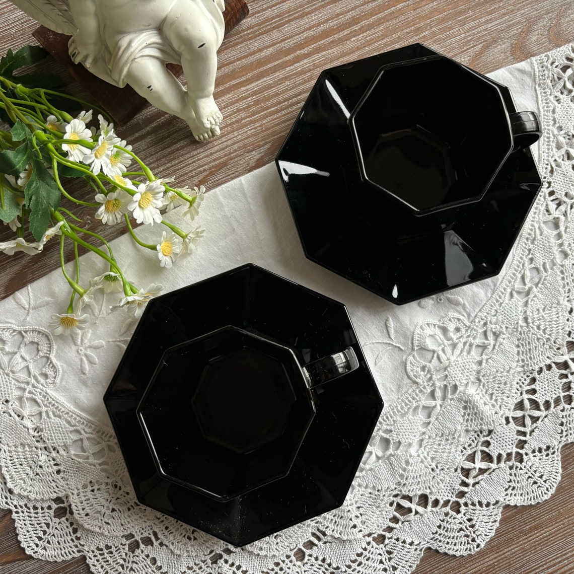 2 French Vintage Tea Cups With Saucers, Black Octagonal Glass ...