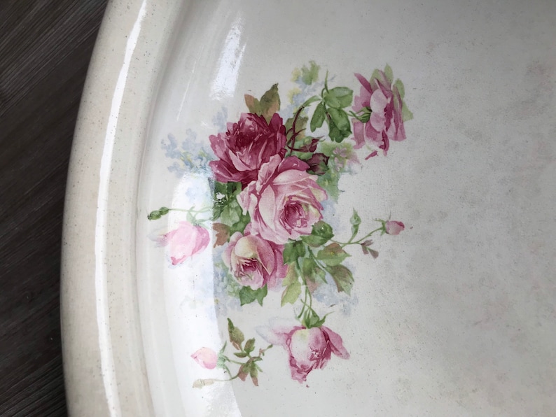 Antique Large Wash Basin, Big Round Washing Bowl, Floral Roses Pink ...