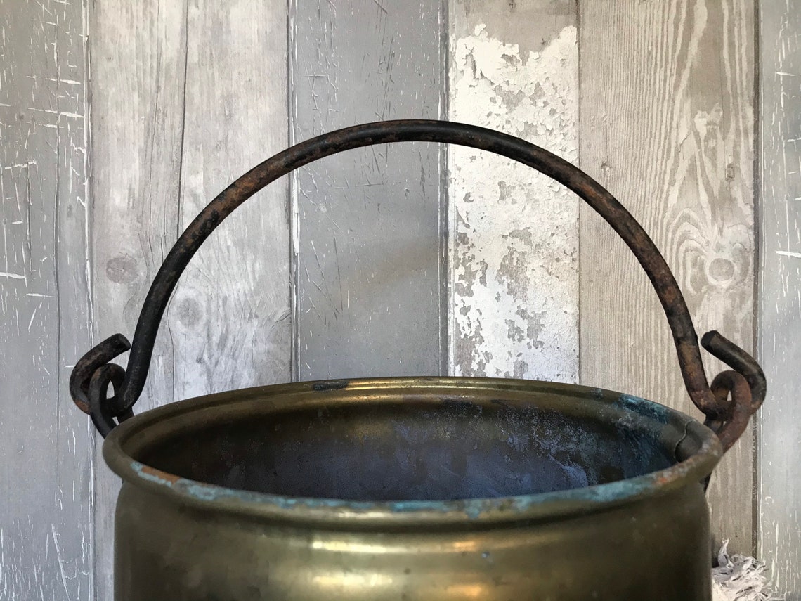 Antique Brass Cauldron Fireplace Pot With Iron Handle Large | Etsy