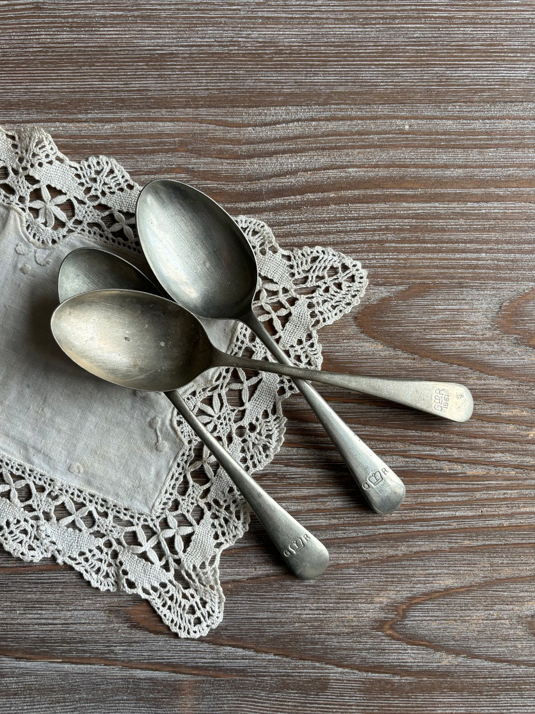 3 Vintage Nickel Silver Spoons, 1950s, Vintage Cutlery, Bisby GR Crown ...