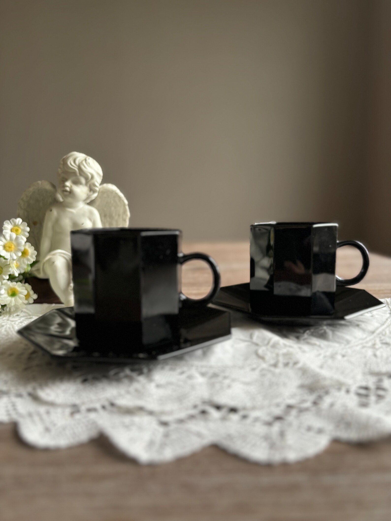 2 French Vintage Tea Cups With Saucers, Black Octagonal Glass ...