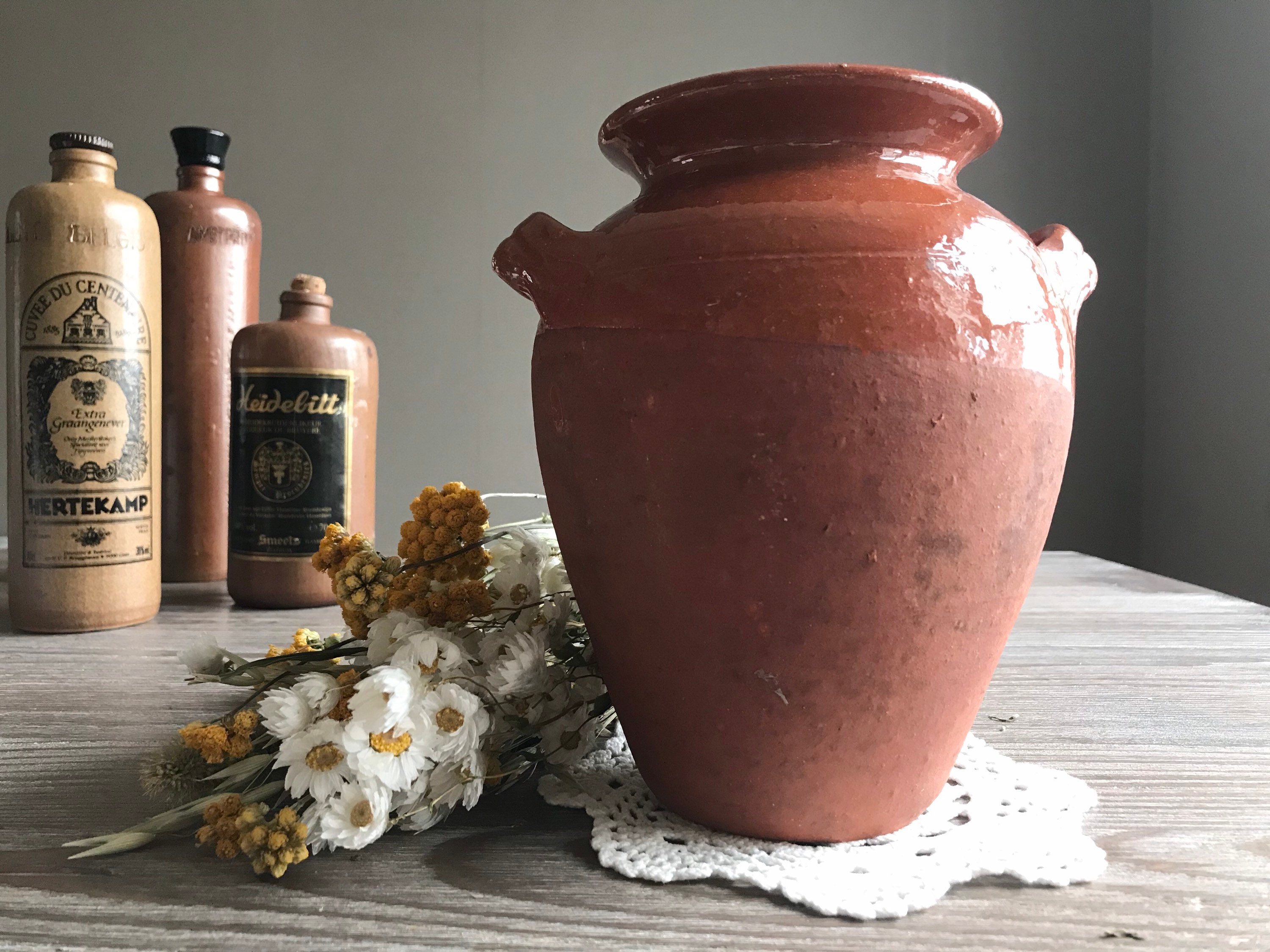 Vintage terracotta pot with handles Glazed clay pot | Etsy
