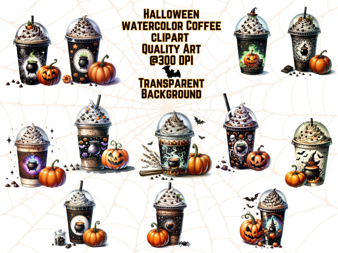 Halloween Coffee Watercolor Clipart Set - Hot Coffee Drink Clipart ...