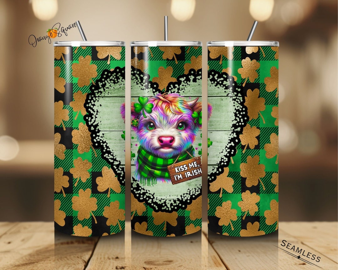 St. Patrick's Highland Cow Tumbler Wrap: Kiss Me I'm Irish (PNG Digital ...