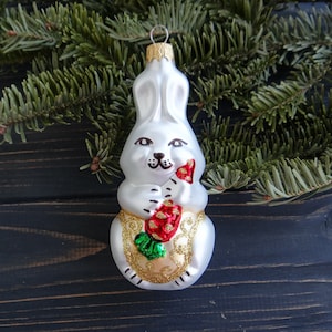 NEW White Rabbit With Carrot Glass Christmas Ornament Decor - Etsy