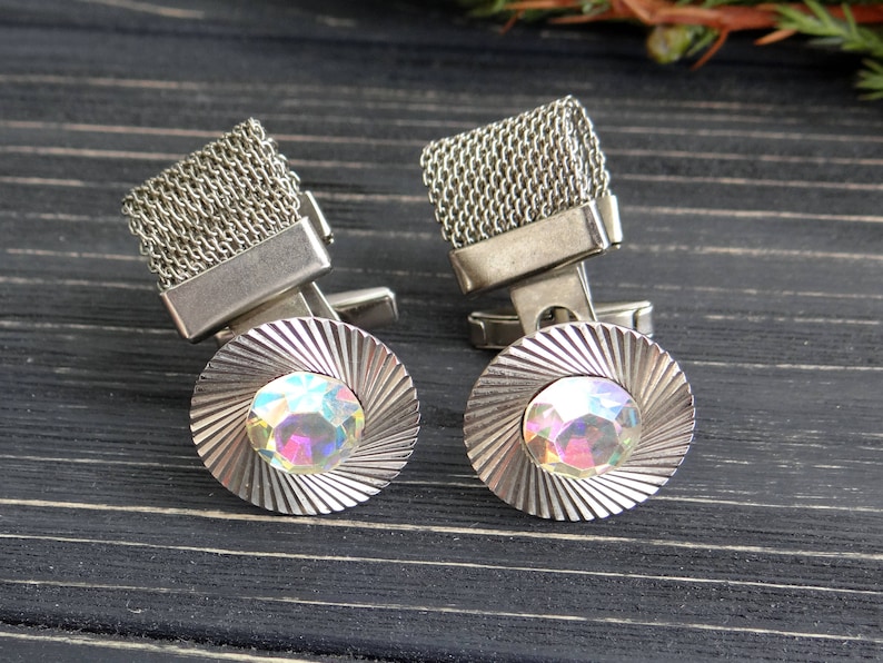 Wedding Cufflinks White Rhinestone Silver Tone Cuff Links Vintage ...