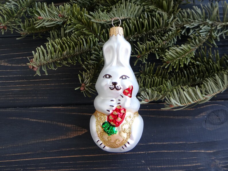 NEW White Rabbit With Carrot Glass Christmas Ornament Decor | Etsy