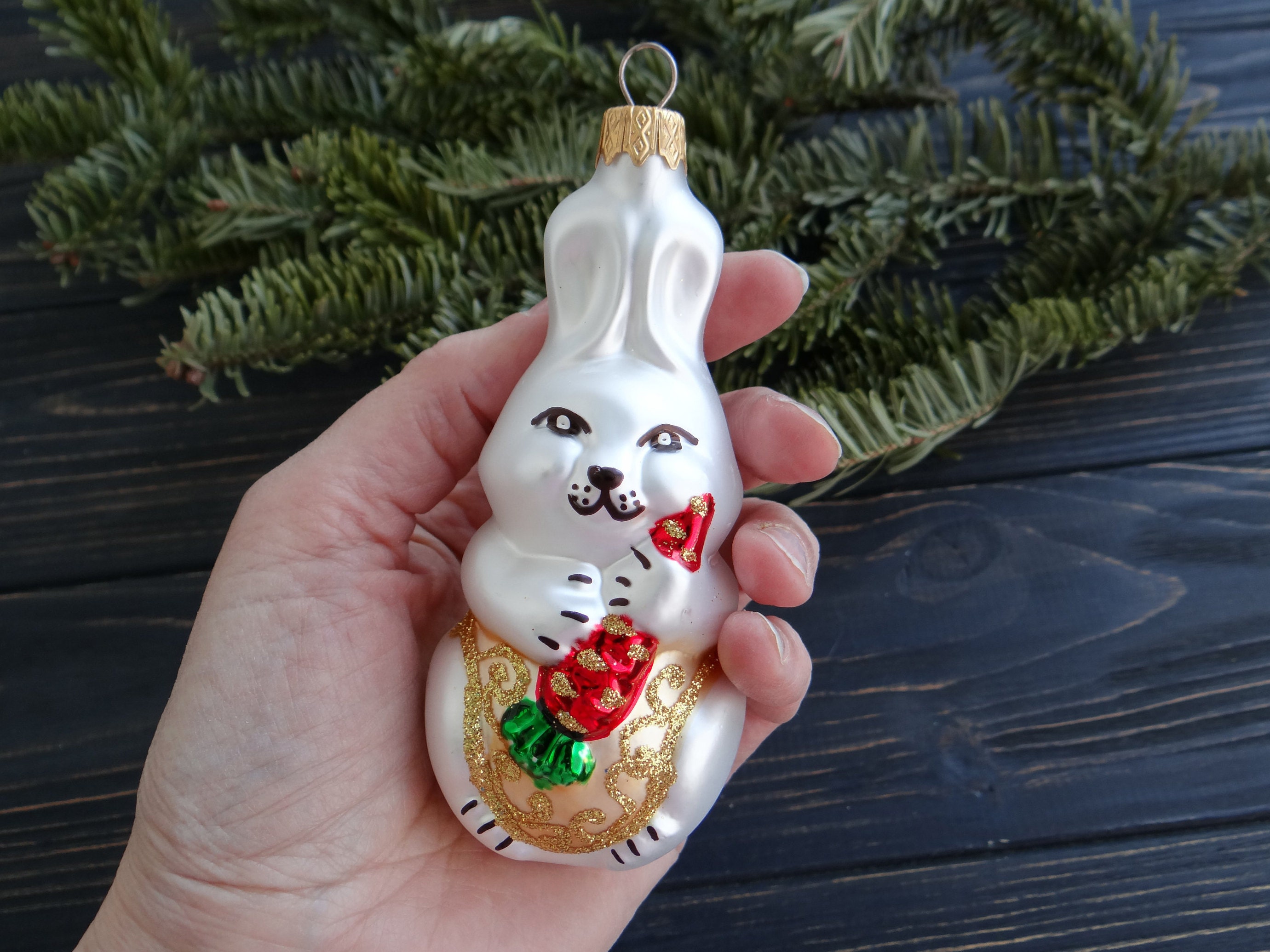 NEW White Rabbit With Carrot Glass Christmas Ornament Decor | Etsy