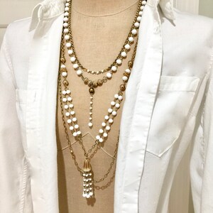 White Beads and Brass Colors Chains Necklace, Trendy Long Summer ...