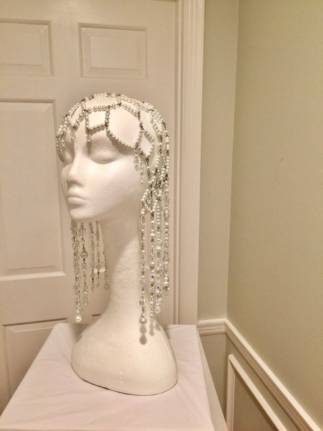 White Pearl Headdress Handmade Glass Pearl Headpiece Head - Etsy