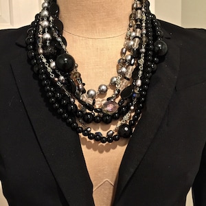 Multi Strand Black Messy Statement Necklace, Handmade Jewelry, Multiple ...