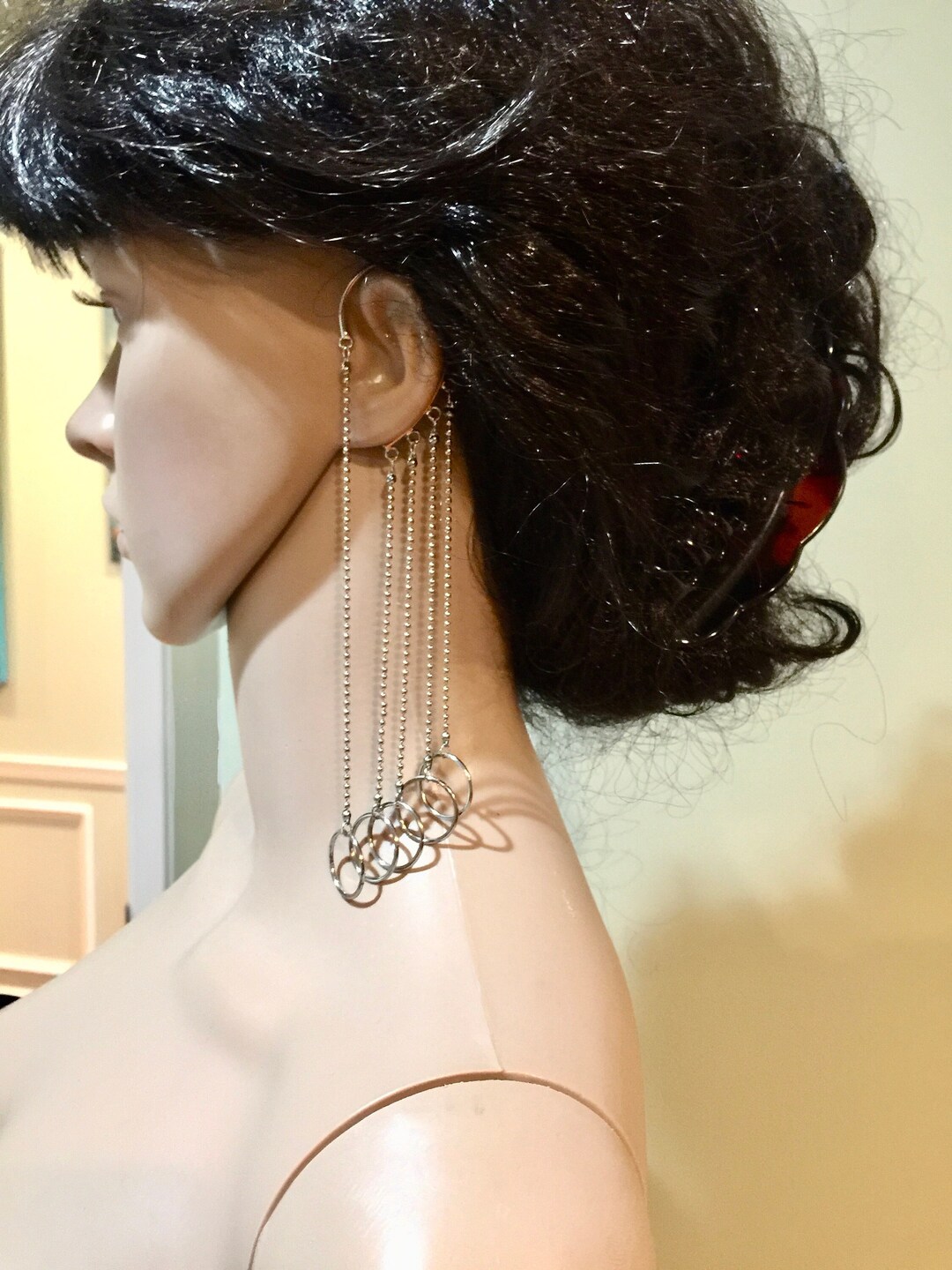 Pair of Dangle Ear Wraps, Silver Metal Ear Climbers, Tassel Rings No ...