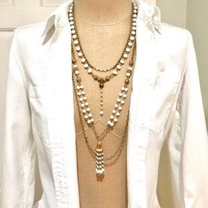 White Beads and Brass Colors Chains Necklace, Trendy Long Summer ...