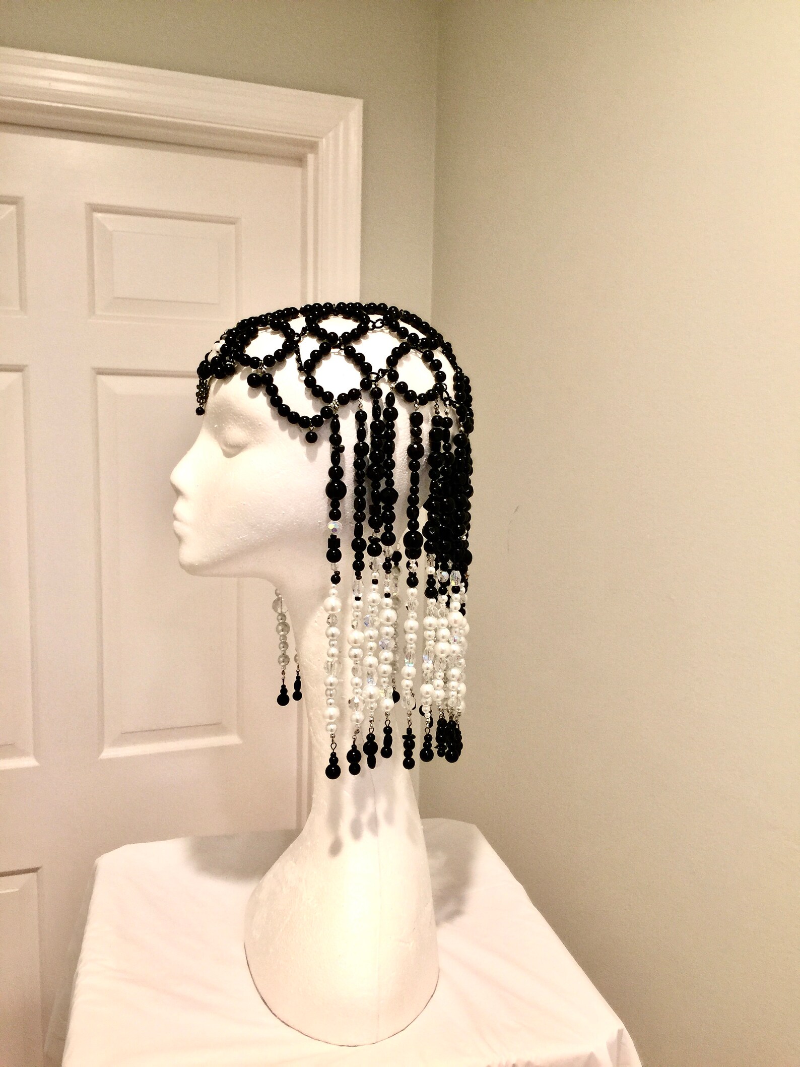 Messy Cleopatra Head Cap Black White Pearl-like Headdress - Etsy