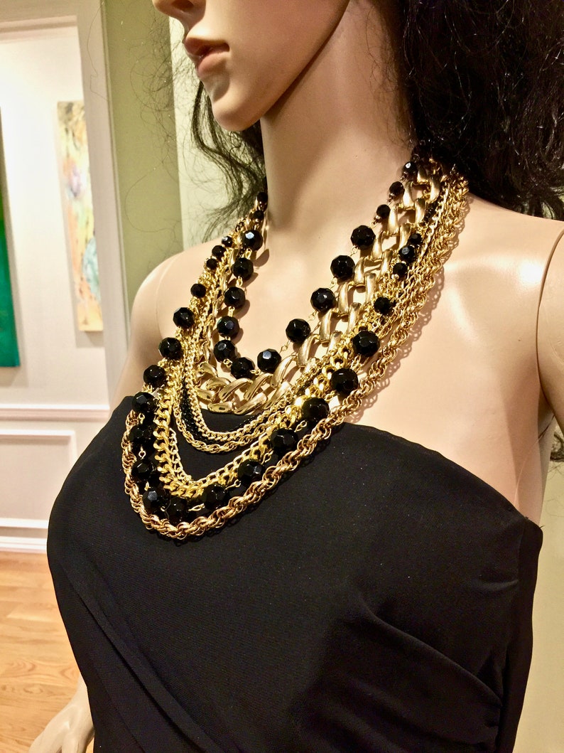 Multiple Layers Chains Necklace. Black and Gold Color - Etsy