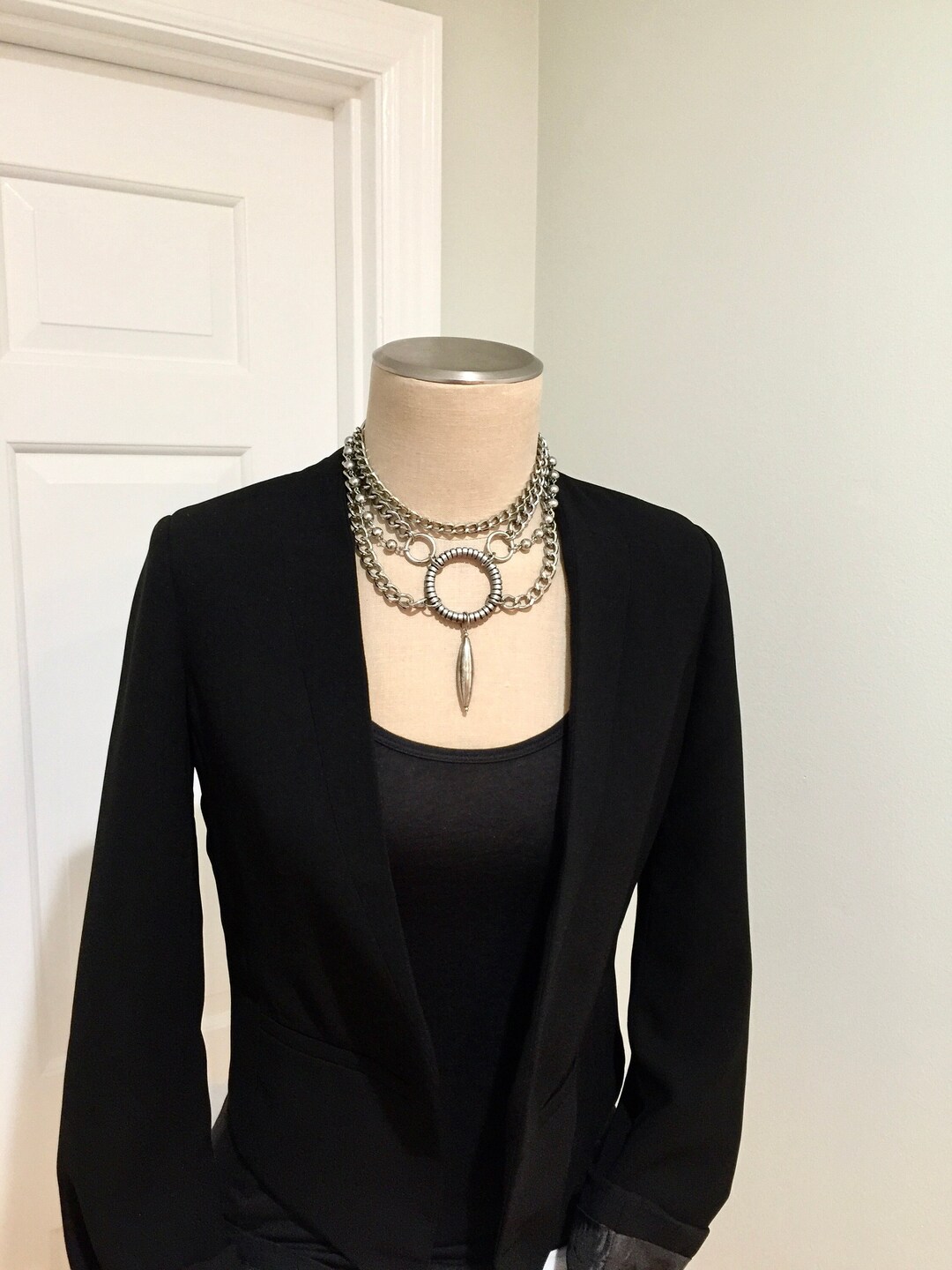 Handmade Heavy Silver Color Metal Chains Ring Pendant Necklace ...