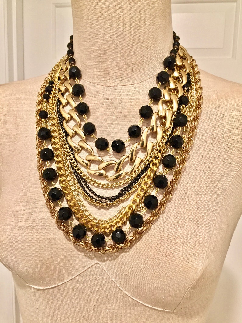 Multiple Layers Chains Necklace. Black and Gold Color - Etsy