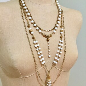 White Beads and Brass Colors Chains Necklace, Trendy Long Summer ...