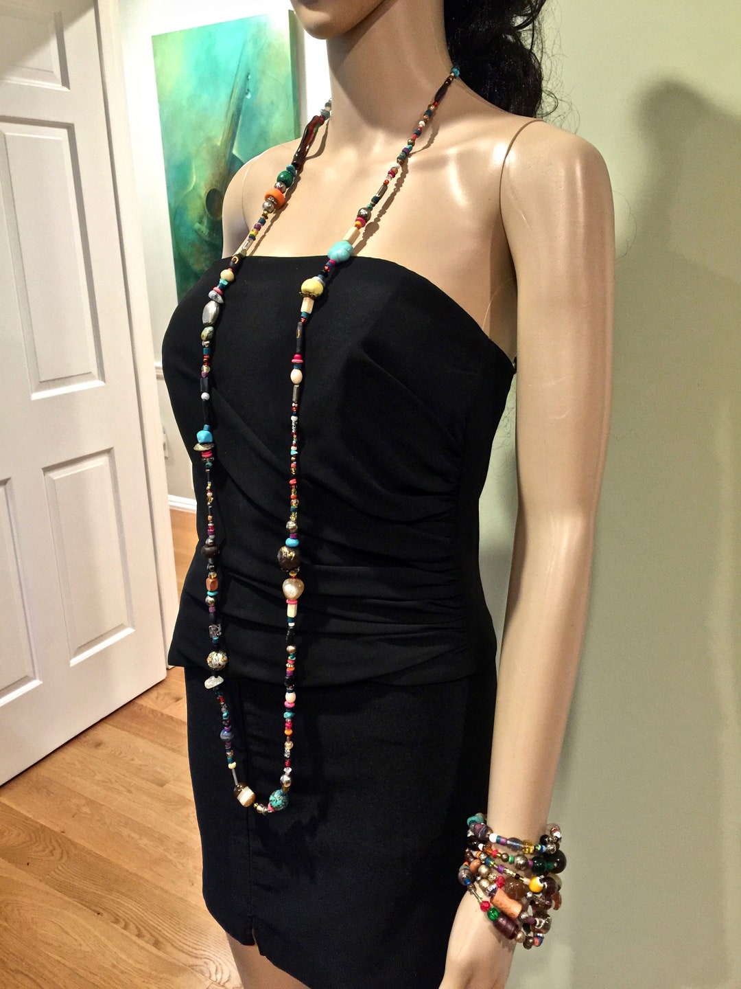 Long Beaded Necklace. Messy Chunky Necklace. Multicolor Bohimian Style ...