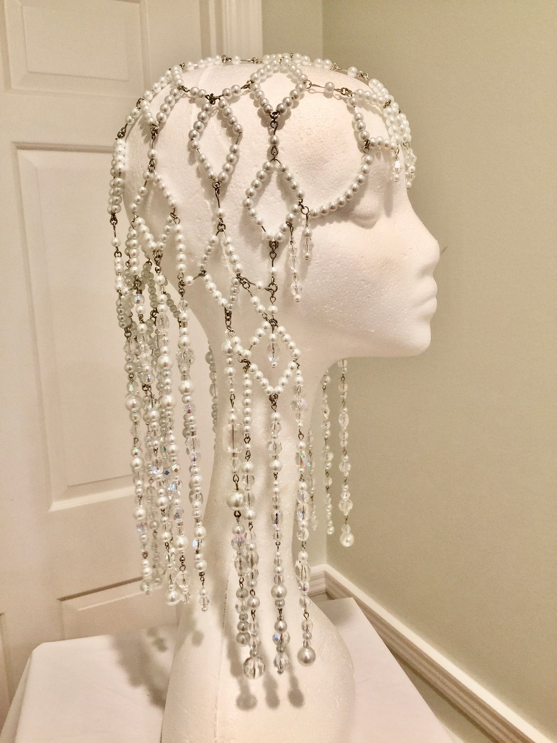 White Pearl Headdress Handmade Glass Pearl Headpiece Head - Etsy