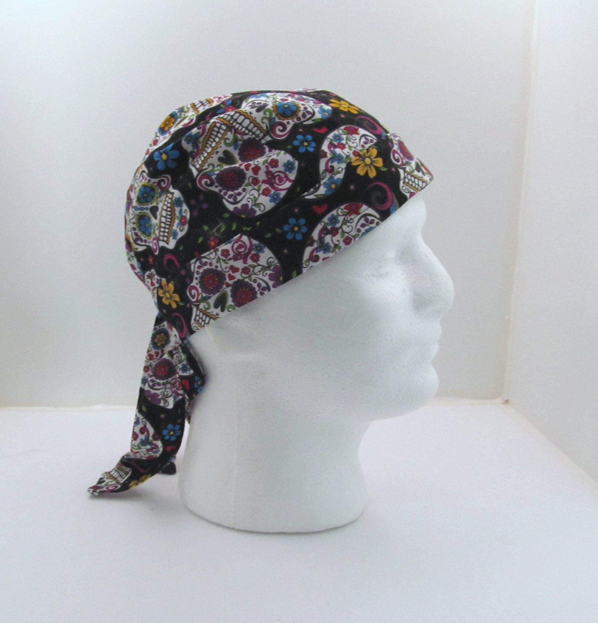 Do Rag Black Skull Day of the Dead Print Cotton Biker Skull Cap Doo Rag ...