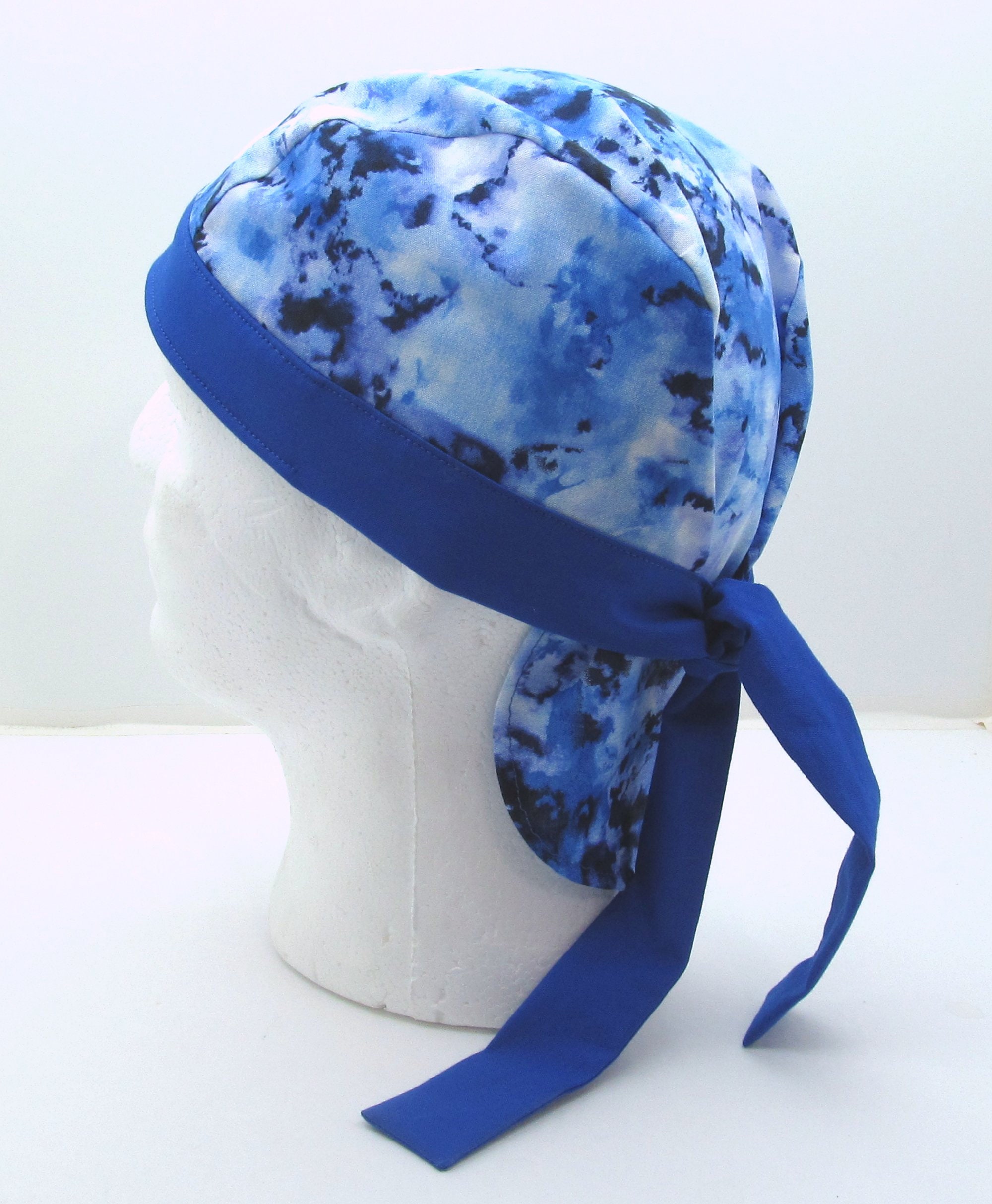 Do Rag Mottled Blue and White With Solid Band Cotton Biker Skull Cap ...