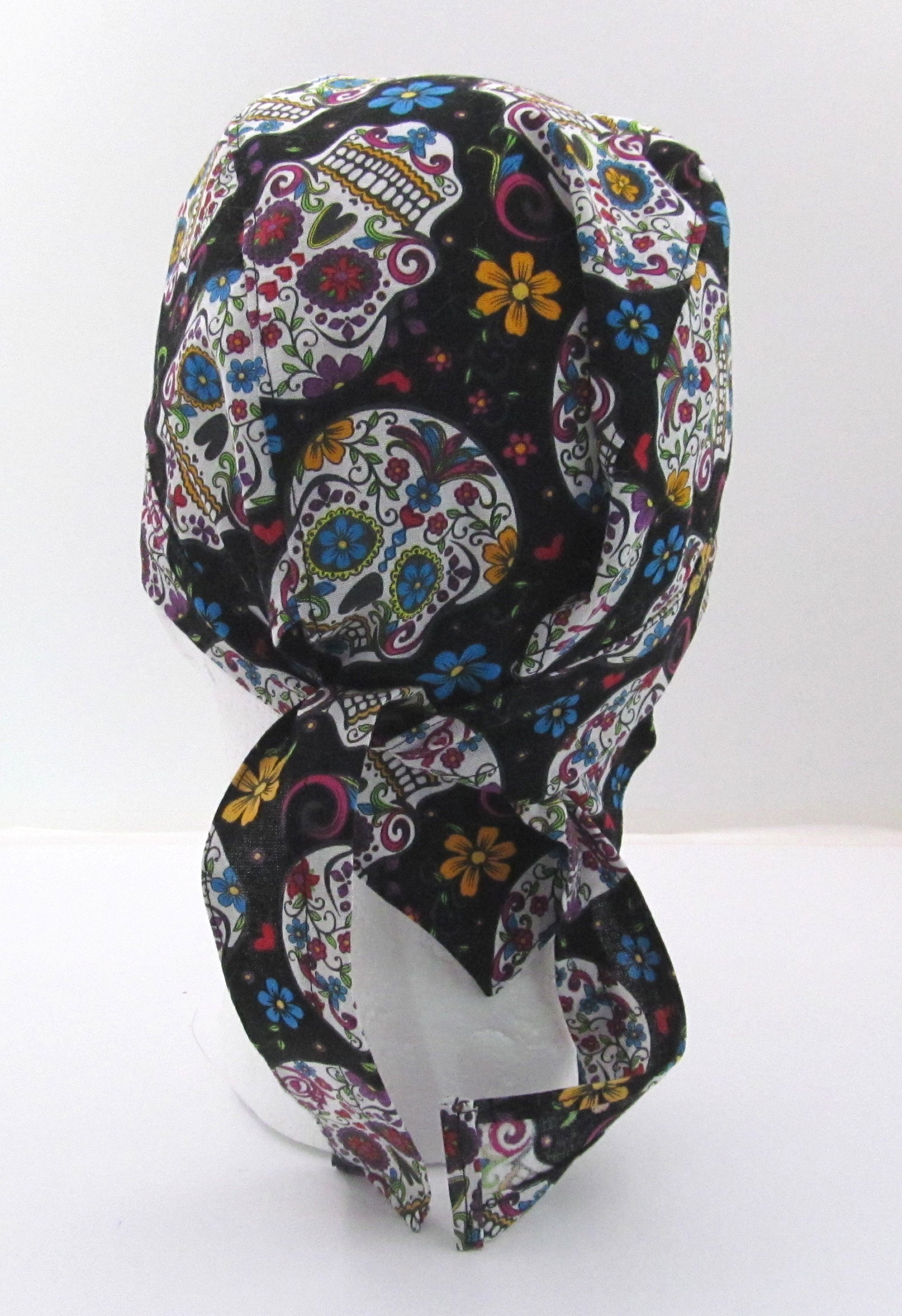 Do Rag Black Skull Day of the Dead Print Cotton Biker Skull Cap Doo Rag ...