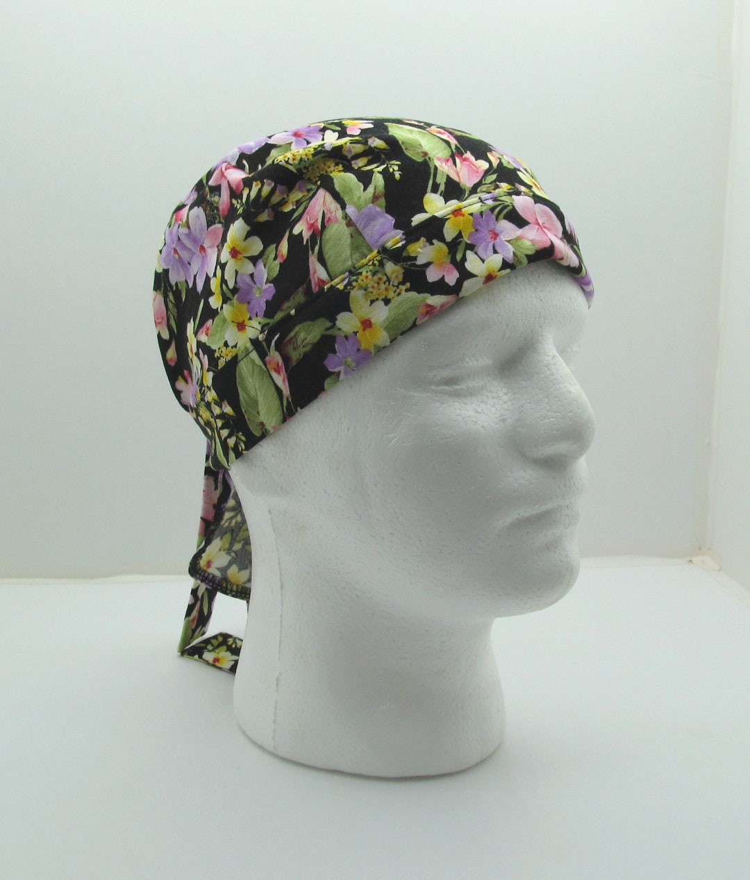 Do Rag Pink Purple Flowers on Black Print Cotton Biker Skull Cap Doo ...