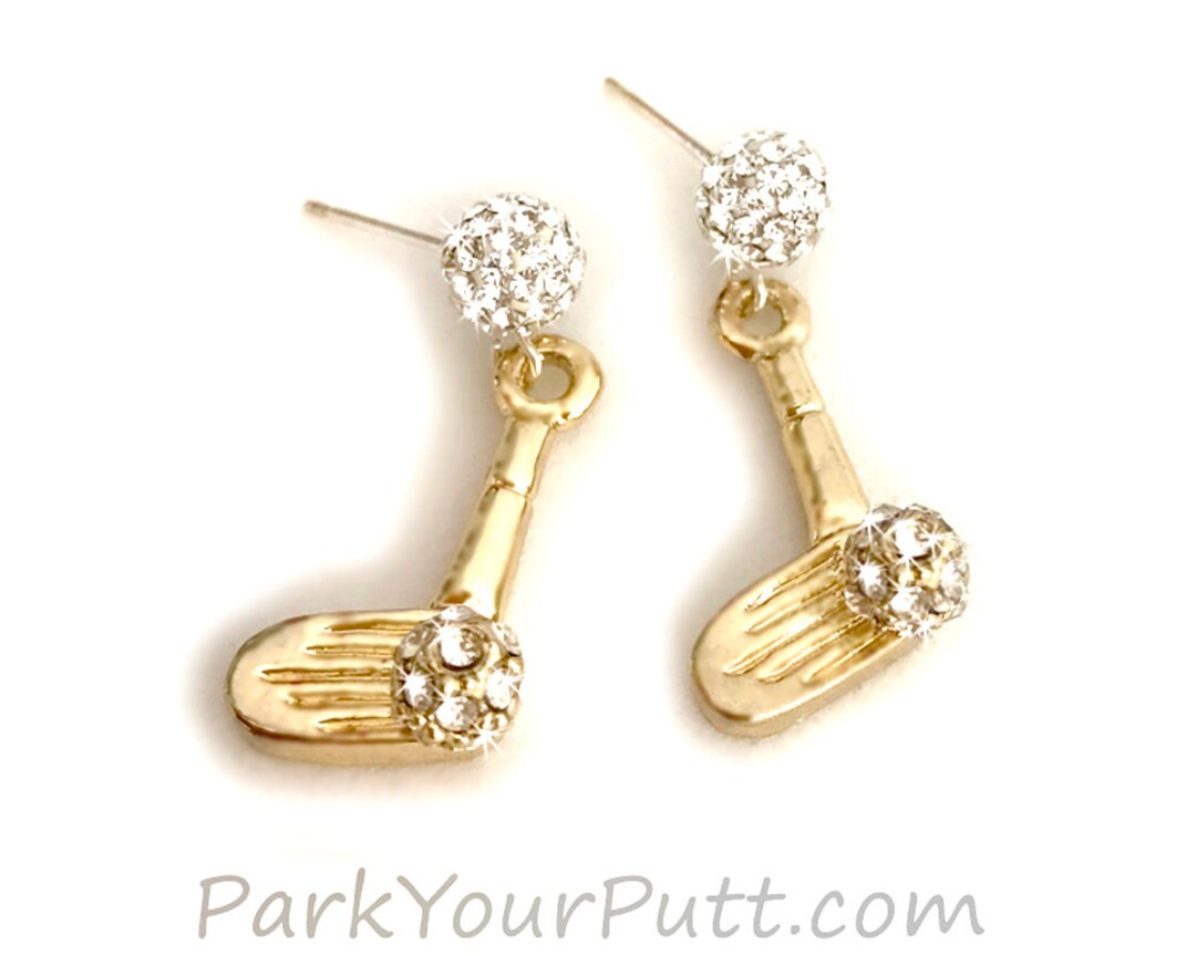 Golf Theme Jewelry - Gold Golf Club Earrings With Rhinestone Crystal ...