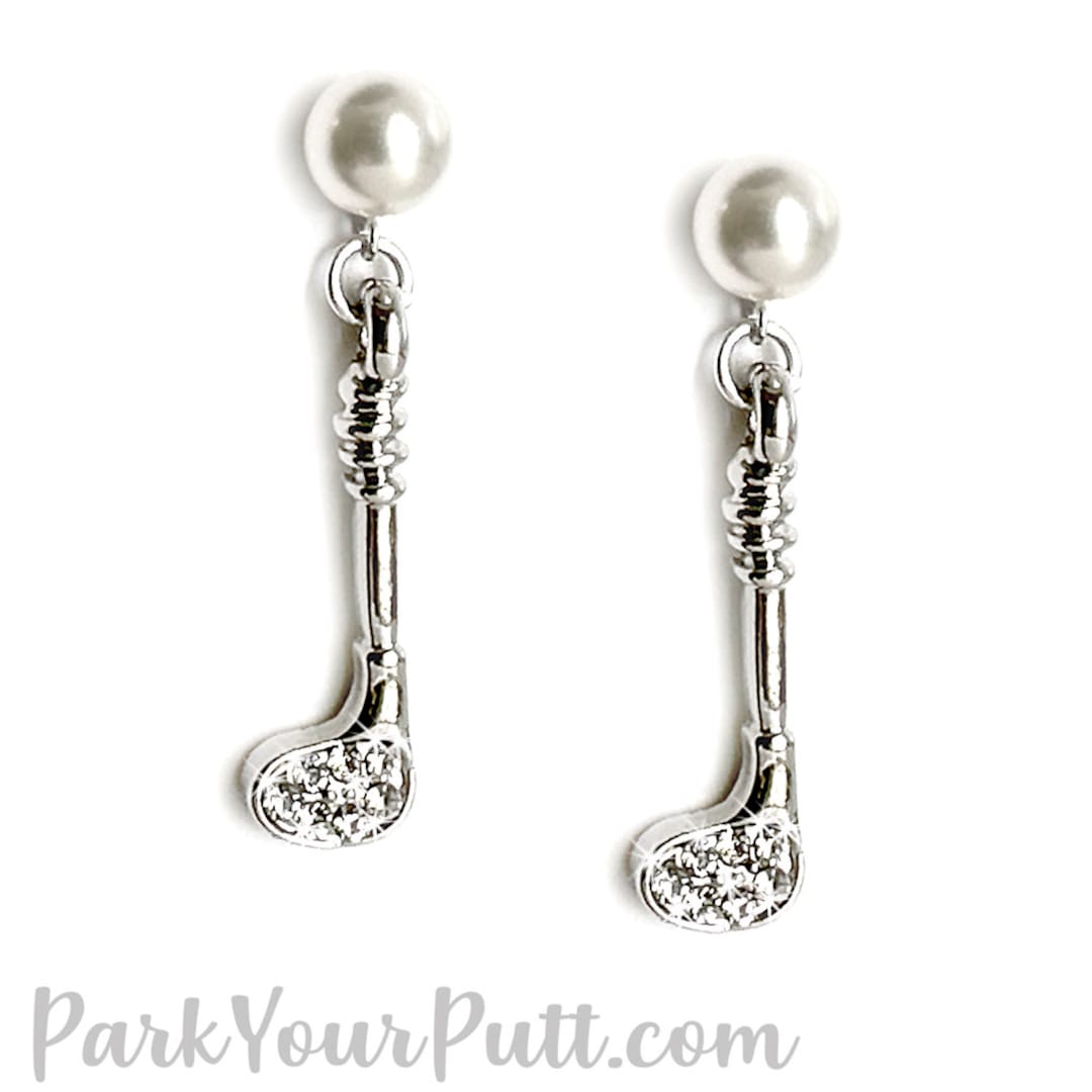 Golf Theme Jewelry - Rhinestone Crystal Silver Golf Club Earrings With ...
