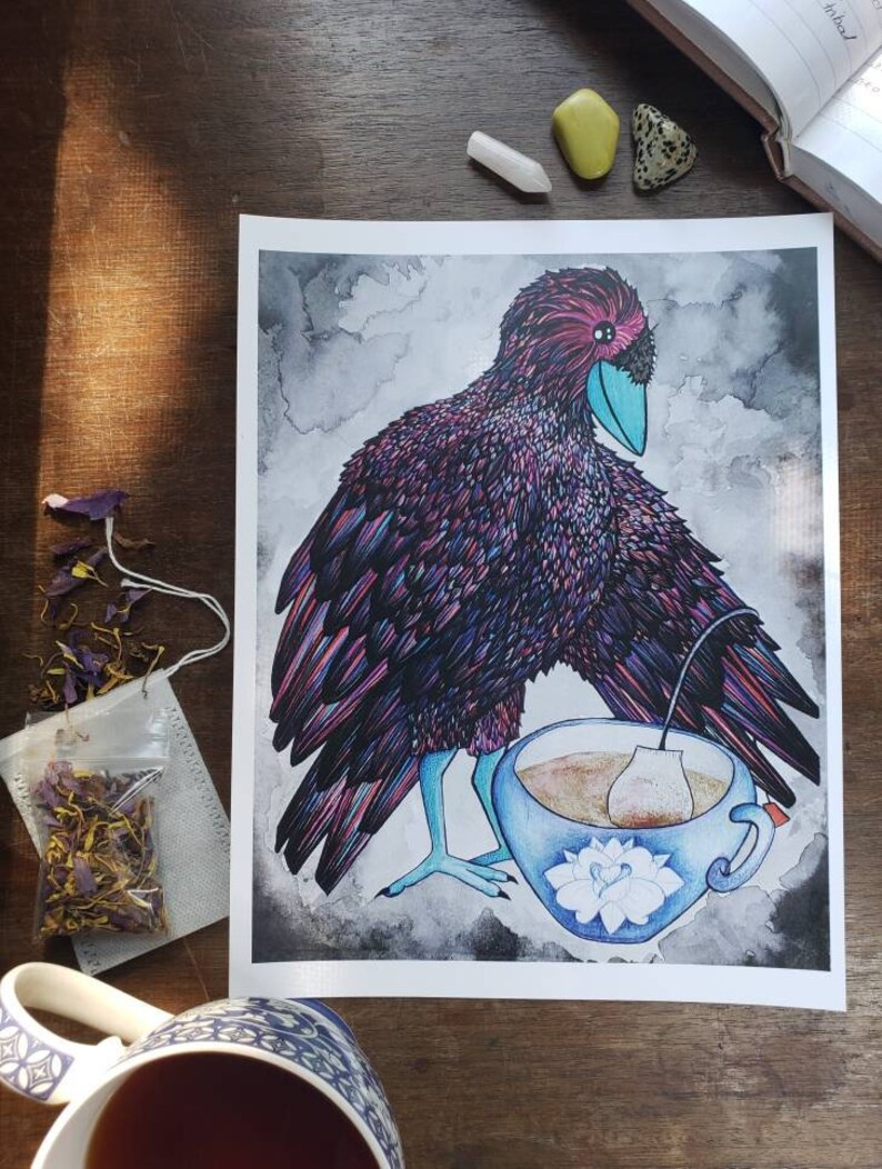 Tea Loving Crow Drawing Illustration Art Matte Print Both - Etsy