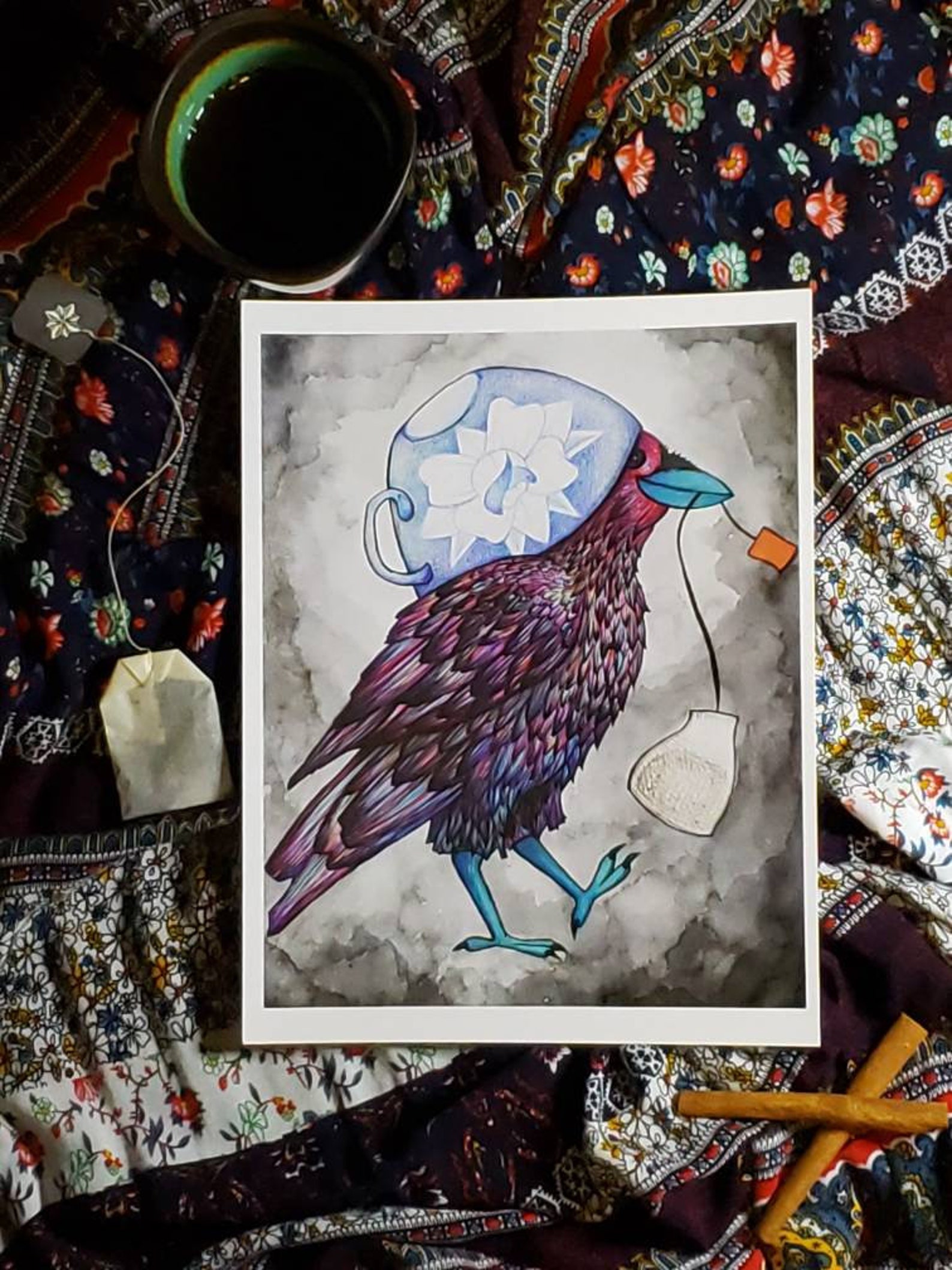 Tea Loving Crow Drawing Illustration Art Matte Print Both - Etsy