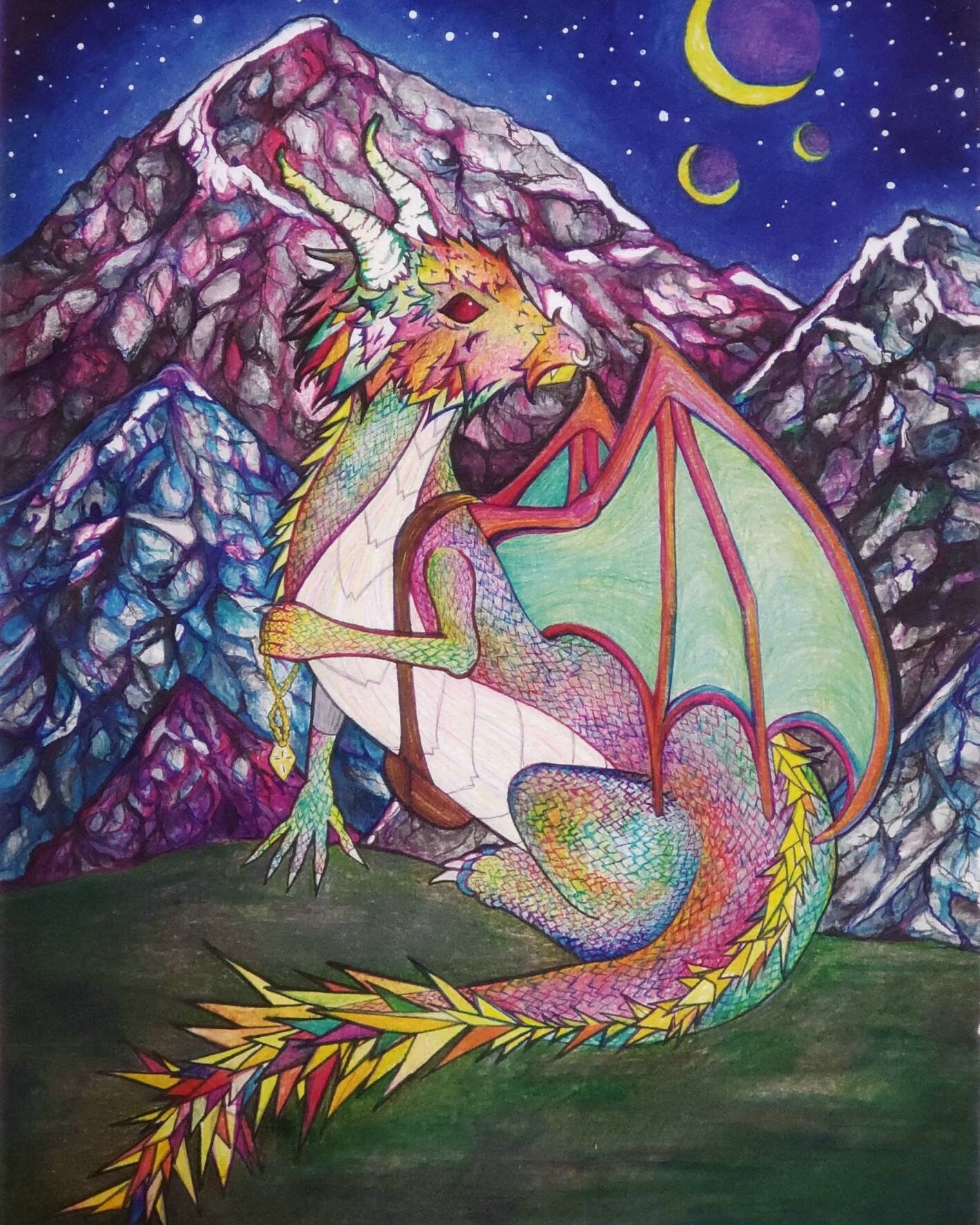 Colorful Rainbow Dragon Drawing Illustration Art Print 4x6 - Etsy