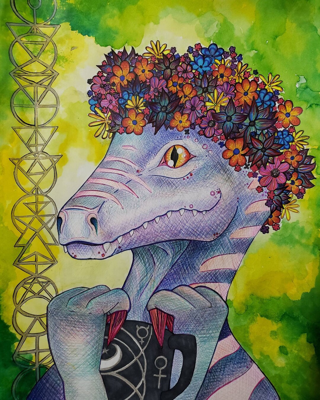 Magical Dinosaur With Flower Crown Drawing Illustration Art Print ...