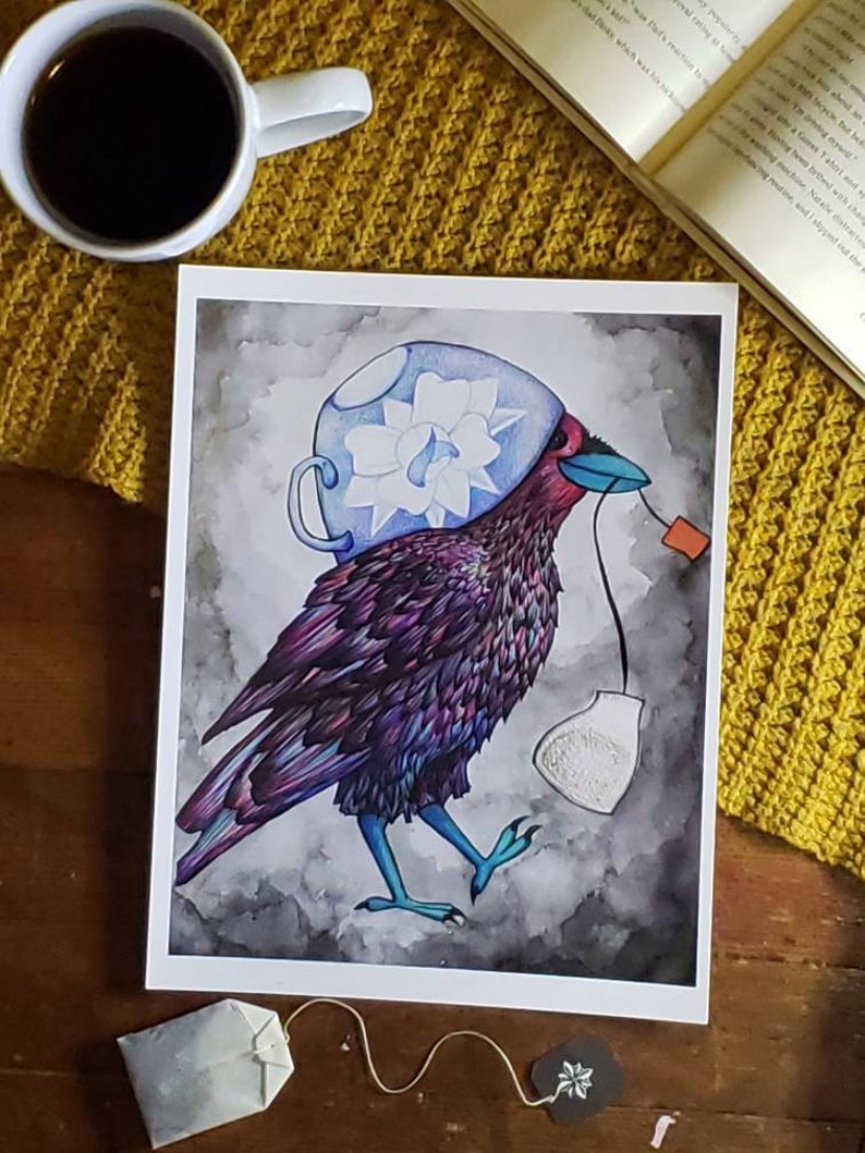Tea Loving Crow Drawing Illustration Art Matte Print Both - Etsy
