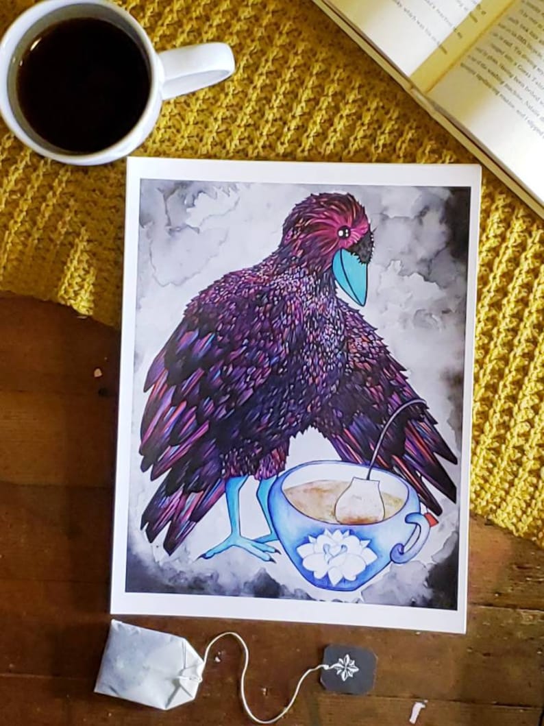 Tea Loving Crow Drawing Illustration Art Matte Print Both - Etsy