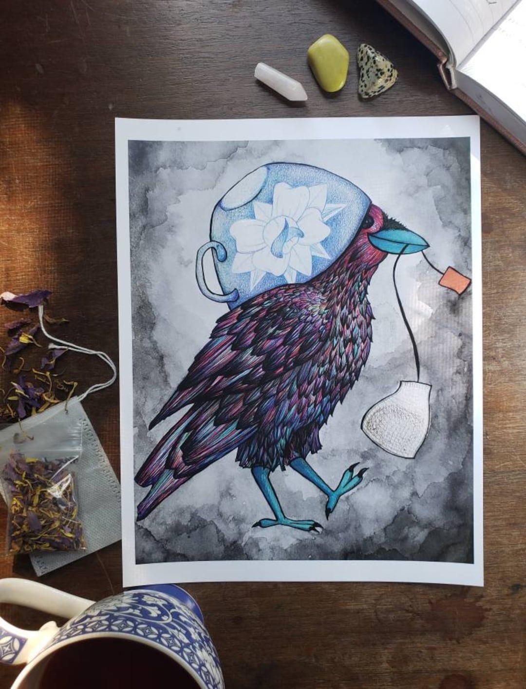 Tea Loving Crow Drawing Illustration Art Matte Print- Both Crows NOW ...