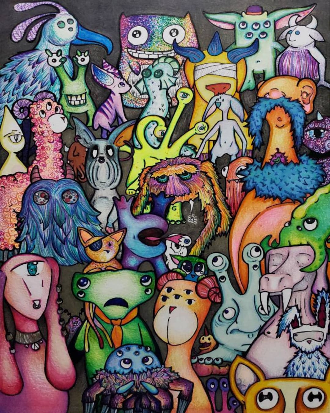 Trippy Monster Party Drawing Illustration Art Print 4x6 5x7 8x11 - Etsy