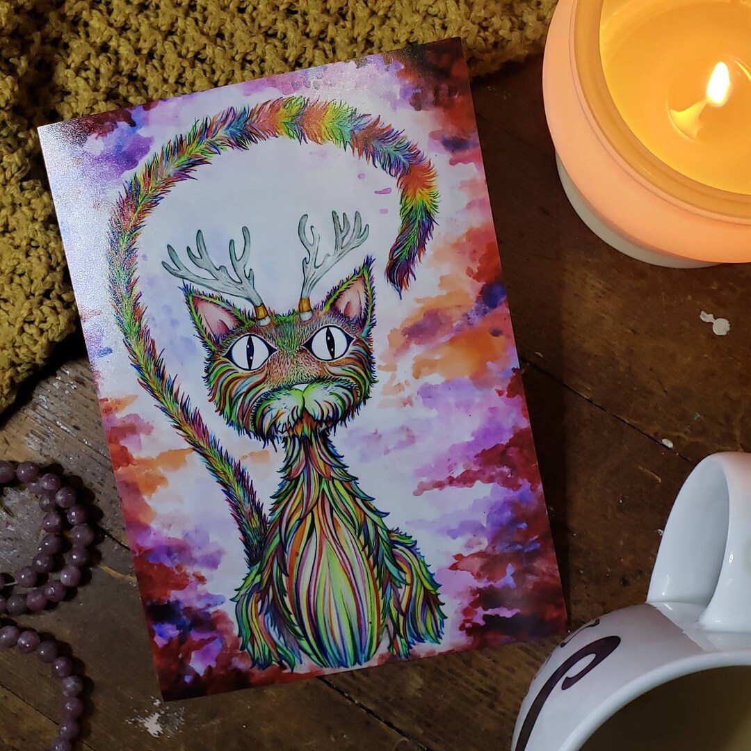 Psychedelic Kitty With Antlers Drawing Illustration Art Print 4x6 5x7 ...