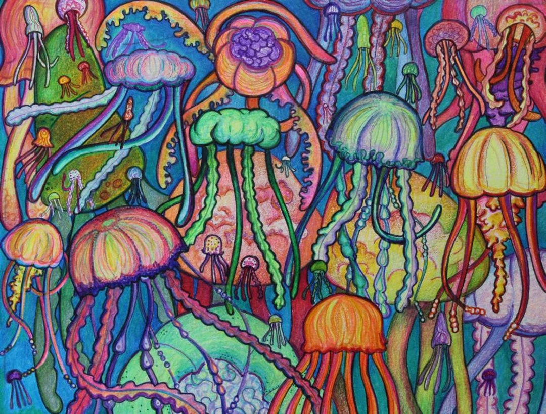 Jellyfish Swarm Drawing Illustration Art Print 4x6 5x7 - Etsy