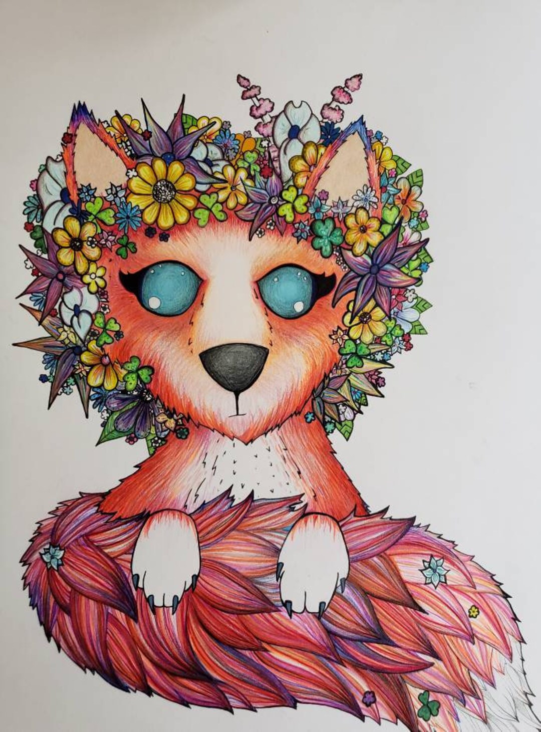 Fox With Flower Crown Drawing Illustration Art Print 4x6 5x7 8x11 - Etsy
