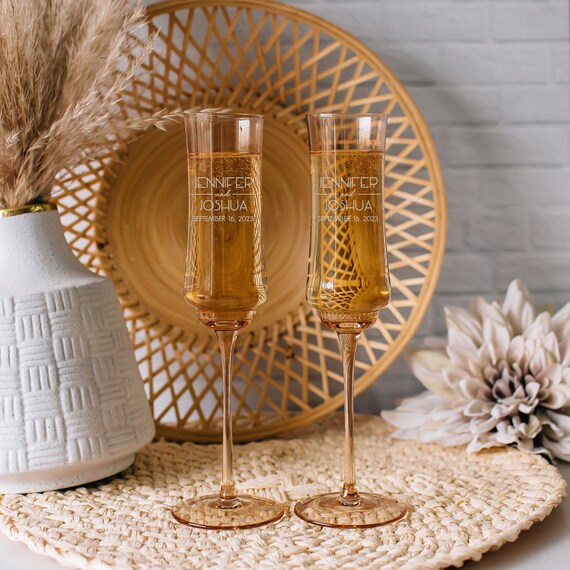 Personalized Tulip Amber Toasting Flutes set of TWO Custom Engraved Vintage Style Champagne Glasses Retro Bride Groom Wedding Gift Etsy UK