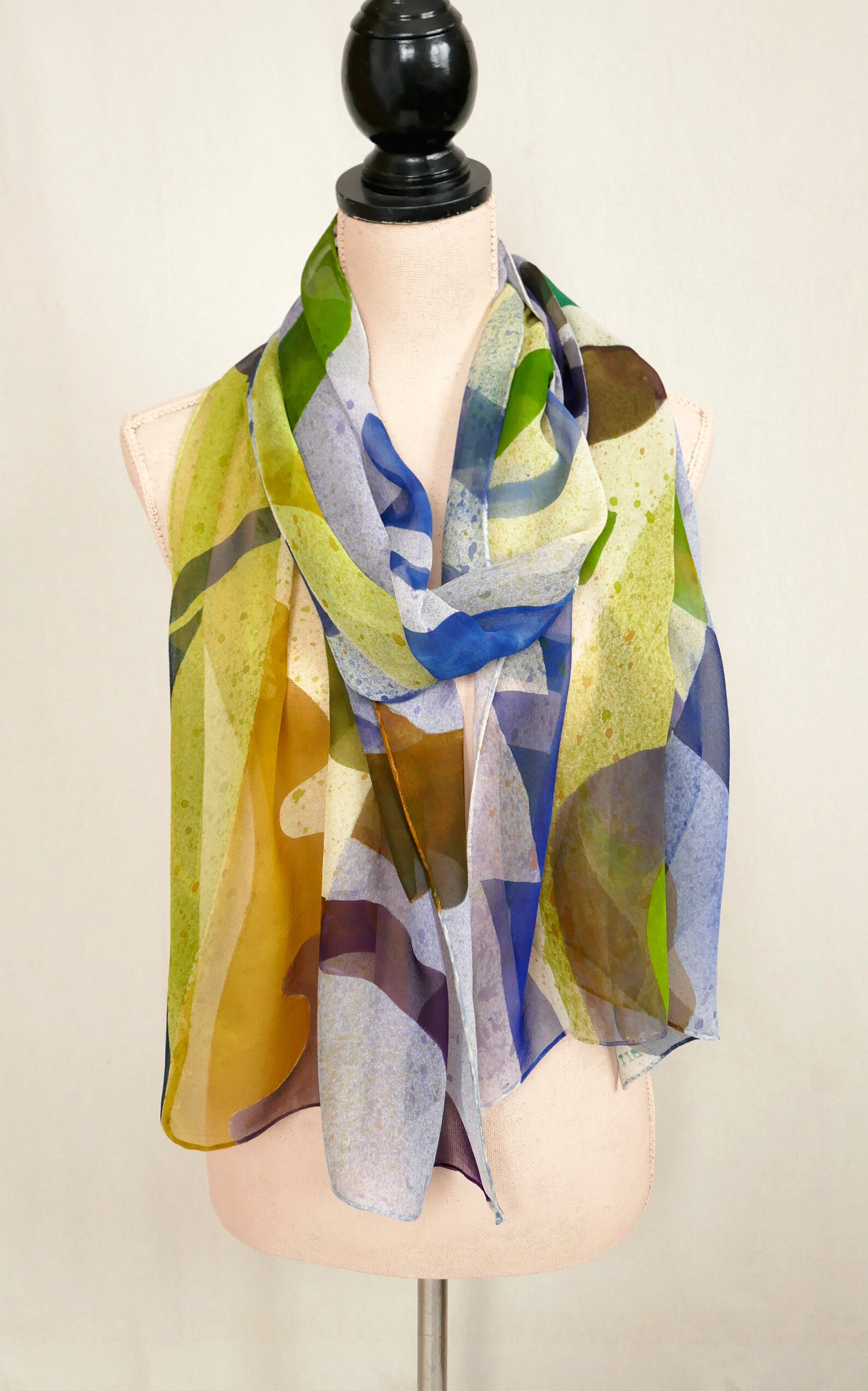 Hand Painted Silk Chiffon Scarf Floating Shapes in Blues - Etsy